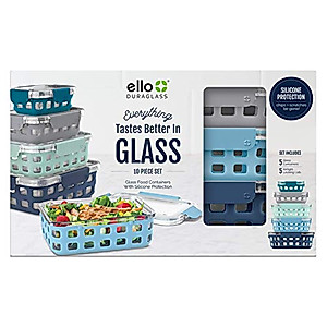 Ello Duraglass Glass Food Storage Mixed Set - Glass Food Storage Bowls with Silicone Sleeve and Airtight Durable Tritan Lids, 10 Piece 5 Pack, Blue La La