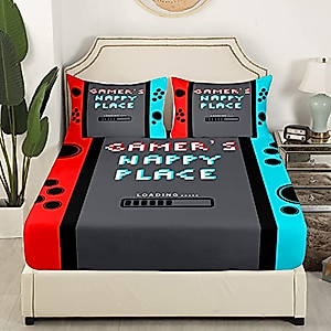 Gamer Sheet Set King Size Video Game Gamepad Bed Sheets Set Bedroom Novelty Modern Game Controller Decor Sheets with Deep Pocket Fitted Sheet Women Men Game Room Decor Bedding Set With 2 Pillow Case