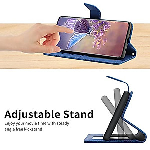 ONV Samsung Galaxy Note 10 Plus Flip Case - 1.5m Crossbody Lanyard Flip Wallet Case Magnetic Card Slot Foldable Embossed Butterfly Leather Case for Samsung Galaxy Note 10 Plus [Flower] - Blue