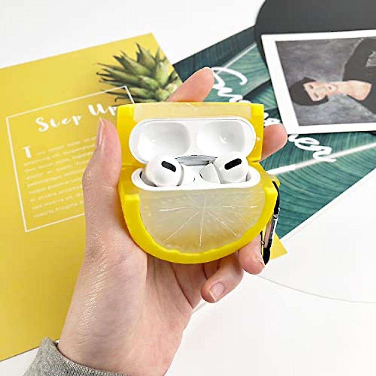 QIXIU for AirPods Pro Case Cover with Keychain,Full Protective Accessories for Women Girl with Apple 2022 Latest AirPods Pro Case,Lemon Design Wireless Charging Headset Accessories