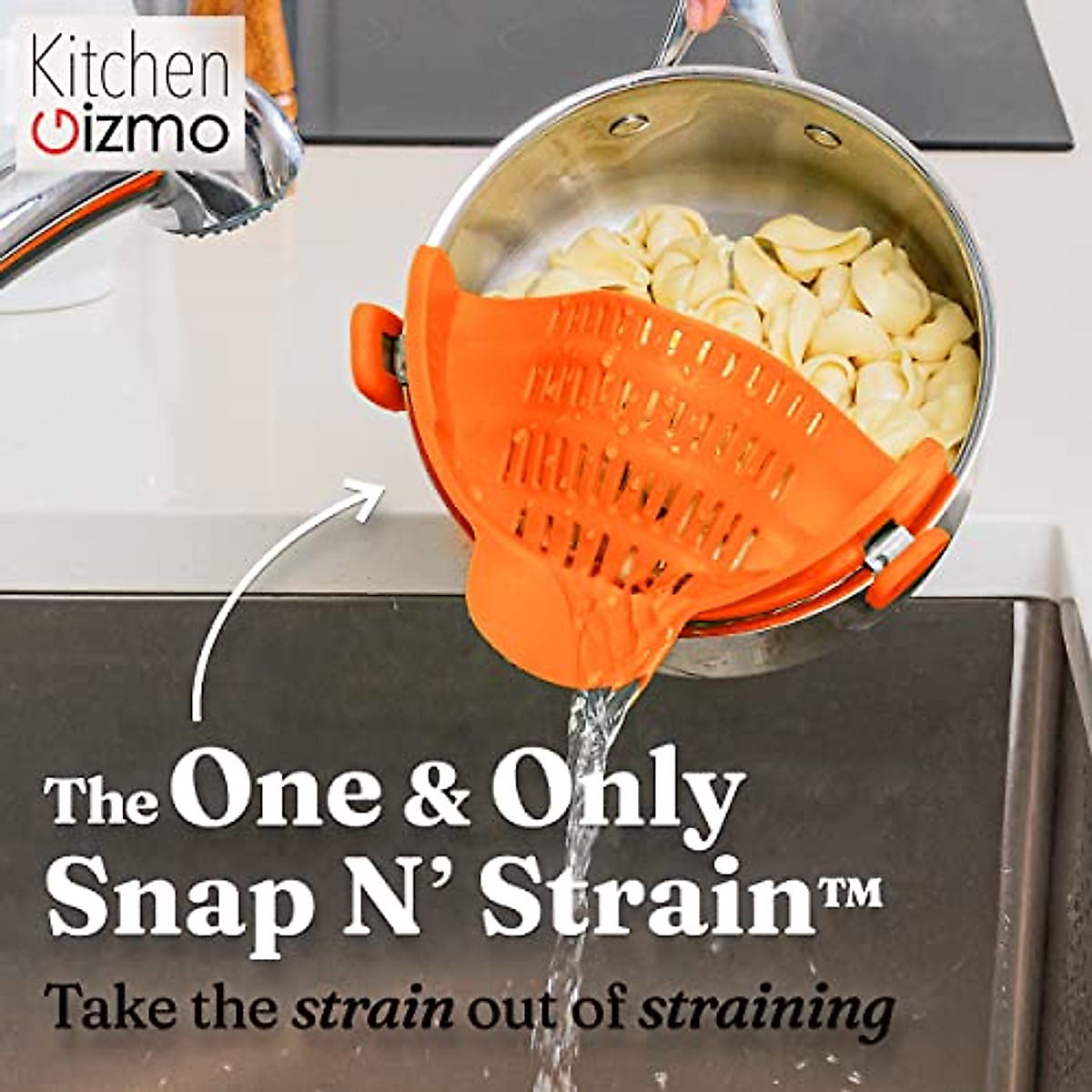 Kitchen Gizmo Snap N Strain Pot Strainer and Pasta Strainer - Adjustable Silicone Clip On Strainer for Pots, Pans, and Bowls - Kitchen Colander - Orange