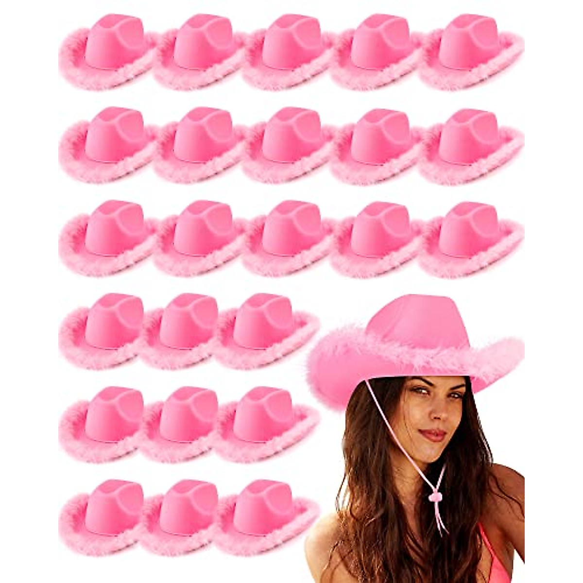 Jecery 24 Pieces Pink Cowboy Cowgirl Hat Bulk with Feather Boa for Women Girl Wedding Bachelorette Birthday West Party Costume Accessories