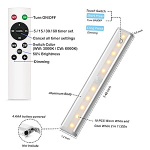 Remote Control Under Cabinet Lights with Remote 6 Pack, 20-LED Dimmable Closet Lighting Battery Operated Under Counter Light, Stick on Touch Night Light Strip for Kitchen Stairway Bedroom, 3 Colors