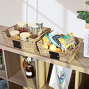 OUTBROS Storage Box Hand-Woven Wicker Storage Baskets, Multipurpose Open-Front Bin with Handles, Shelf Nesting Baskets, Desktop Makeup Organizer Container with Built-In Carry Handles, Seagrass