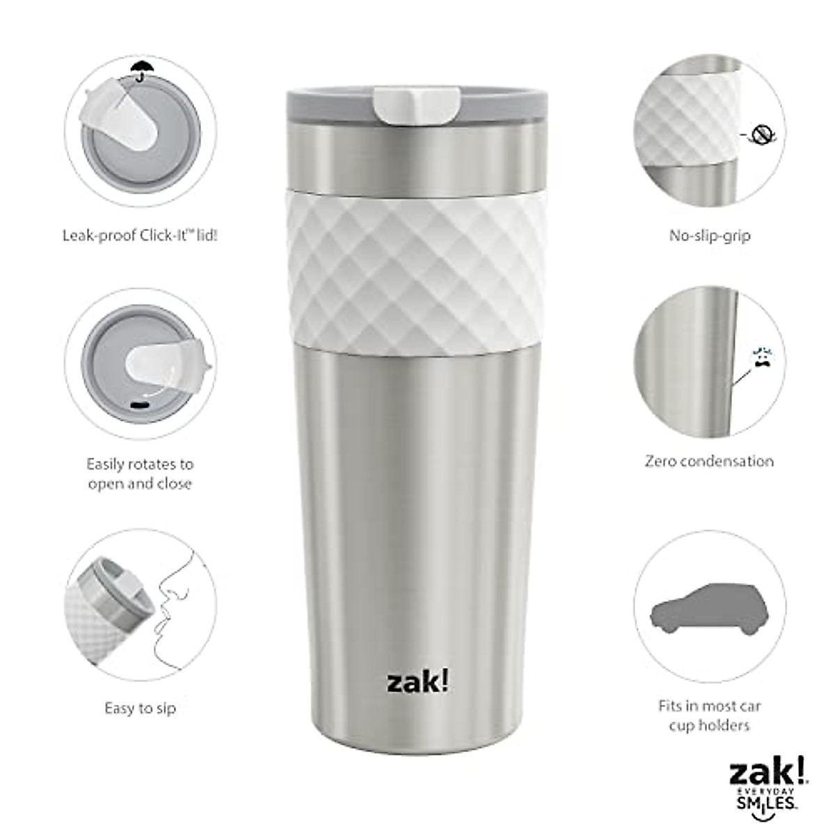 Zak Designs Aberdeen Vacuum Insulated 18/8 Stainless Steel Travel Tumbler with Leak-Proof Click Lid and Silicone Wrap, Fits in Car Cup Holders (Non-BPA, 24 oz, White)