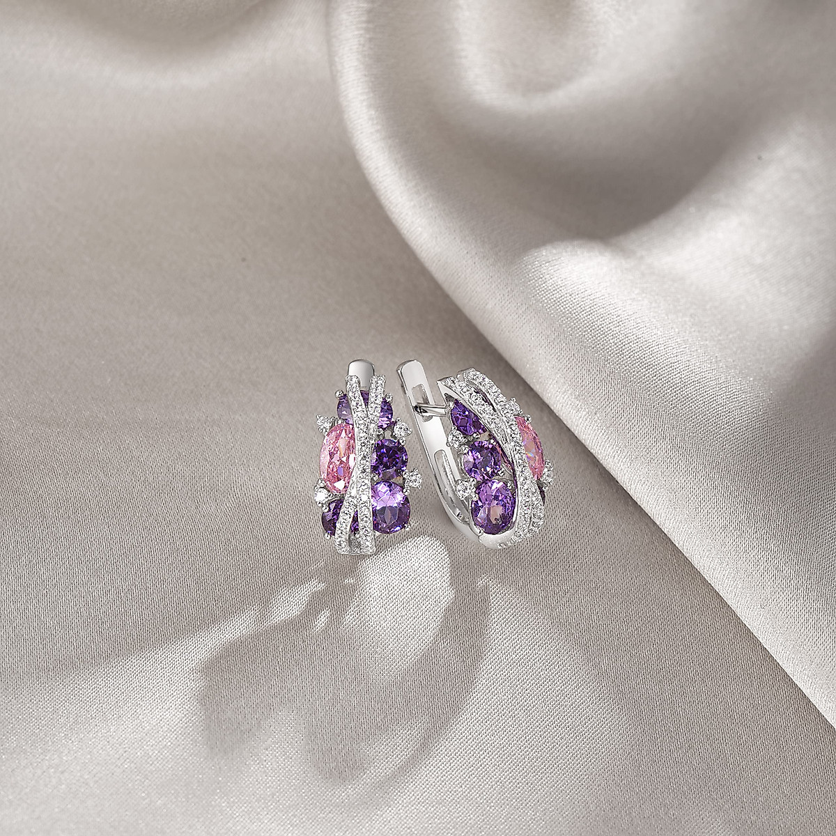 Santuzza 925 Sterling Silver Twist Dangle Earrings Amethyst Pink Cubic Zirconia Drop Earrings for Women