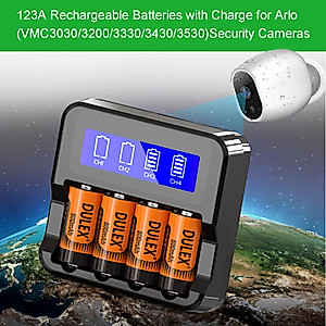 DULEX 4-Pack 3.7V 800mAH 123A Rechargeable Batteries and Charger Replacement 3V CR123A Batteries Compatible with Arlo VMS3130 VMC3030 3200 3330 3430 3530 Security Cameras, Alarm System, Flashlight