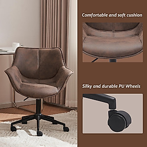 HOOLETE Vintage Faux Leather Desk Chair, Mid Century Modren Office Chair with Wheels, Ergonomic Computer Task Chair, Swivel Upholstered Vanity Chair with Arms for Makeup, Brown