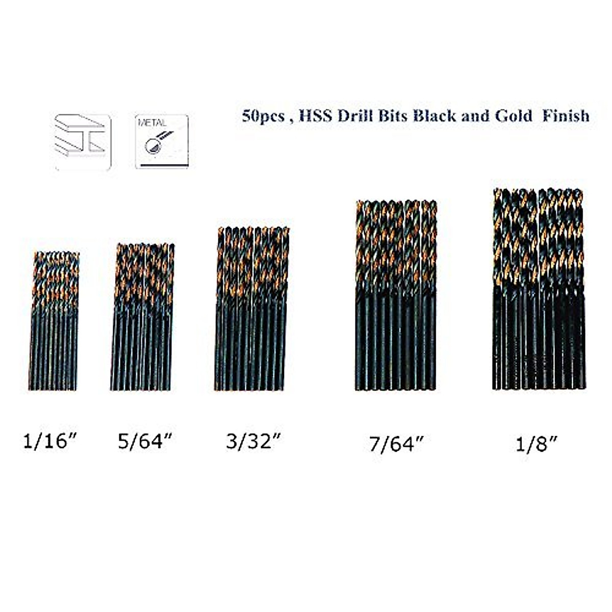 60PCS,Black and Gold Twist Drill Bits, 1/16", 5/64", 3/32", 7/64", 1/8" [10pcs for Each]