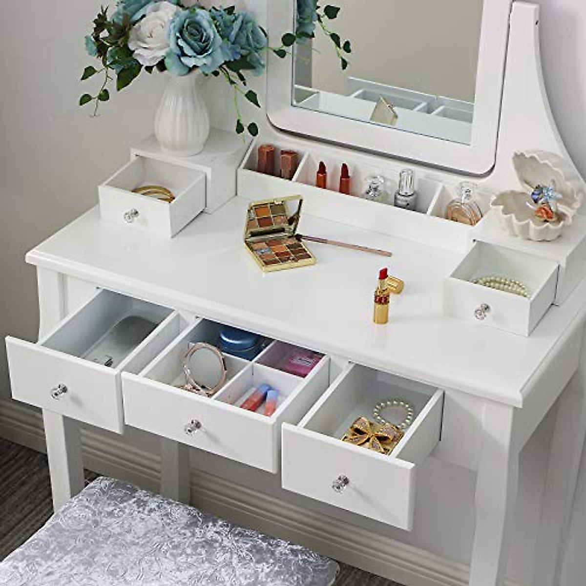 BEWISHOME Vanity Set with Mirror & Cushioned Stool Dressing Table Vanity Makeup Table 5 Drawers 2 Dividers Movable Organizers White FST01W