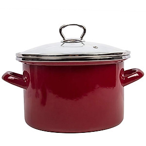Enamel Stock Pot Burgundy Enamelware Pot Enamel Cooking Pot with Glass Lid (3.2-qt. (3 L))