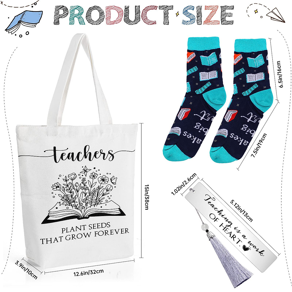 Sieral 4 Sets Book Lovers Gifts Teacher Gifts Includes 12 oz Stainless Steel Wine Tumbler with Lid Library Canvas Tote Bag Novelty Socks Thank You Bookmark Tassel for Nursing Teacher