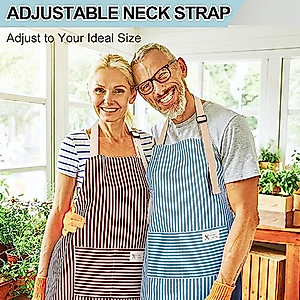 Janmercy 24 Pcs Aprons for Women Men with 2 Pockets Linen Cooking Kitchen Apron Adjustable Bib Chef Apron Bulk Aprons Unisex (Brown/Blue Stripes)