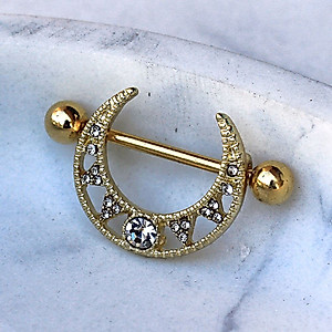 Pierced Owl 14GA Gold Plated Stainless Steel Jeweled Tribal Crescent Moon Nipple Shields, Sold as a Pair
