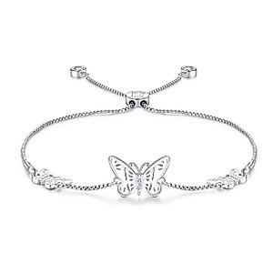 NINAMAID Silver Butterfly Charms Expandable Bolo Bracelet with Sparkling Cubic Zirconia Adjustable White Gold Plated Women Jewelry
