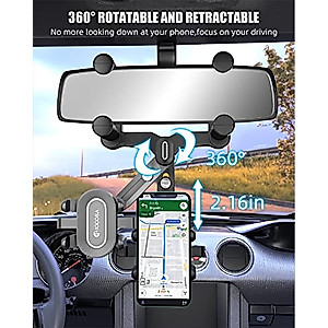 Phone Mount for Car【Large Rear Mirrors Friendly】 Rear View Mirror Phone Holder,【Upgraded 4 Clip More Stable】 360 Rotatable and Retractable Car Phone Holder Fit All Mobiles & Fits Bigger Vehicle