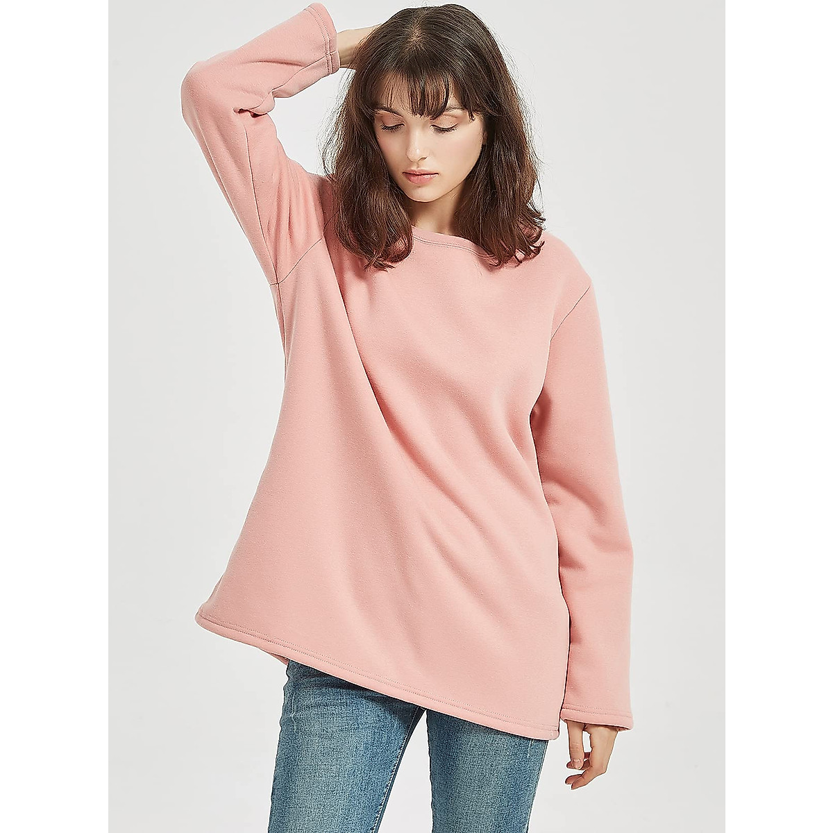 PEHMEA Women's Girls Warm Sherpa Lined Crewneck Pullovers Fleece Sweatshirt Tops (Pink, Medium)