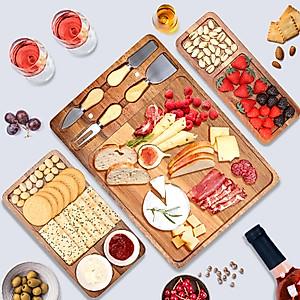 9 PCS Acacia Wood Cheese Board and Knife Set Large Charcuterie Platter Meat Cheese and Cracker Tray Vegetarian Fruit Snack Board Food Serving Tray Grazing Board Magnetic Charcuterie Board Gift Set