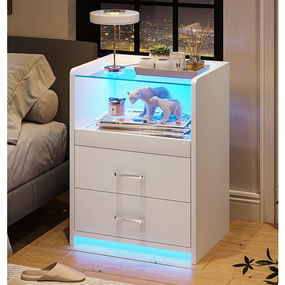 VIAGDO White Nightstand with Charging Station and LED Lights, 2 Drawers LED Night Stand with Tempered Glass Tabletop, Modern End Side Tables with Pull-Out Tray, Open Storage Bedside Tables