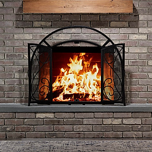 Uniflame Single Panel Black Wrought Iron Ornate Fireplace Screen with Doors