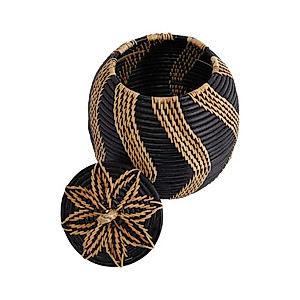 Boho Handwoven Rattan Storage Basket with Lid, Natural and Black