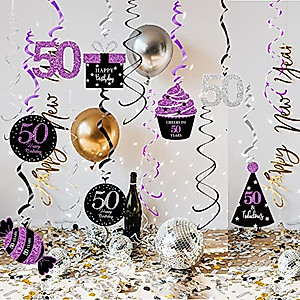 50th Birthday Decorations for Women Purple Silver Black Qian’s Party Purple Silver Black Foil Hanging Swirls Decorations 50th Birthday Party Hanging Decor – Women 50th Birthday Party Decoration Swirls - Set of 15