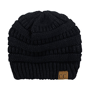 C.C Unisex Chunky Soft Stretch Cable Knit Warm Fuzzy Lined Skully Beanie, Black