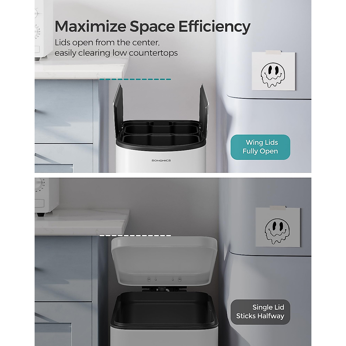 SONGMICS 13-Gallon Dual Kitchen Trash Can, 5.3 and 8 Gallon Compartments, Garbage Can with Wing Lids, Stainless Steel, Soft Close, Inner Buckets, Cloud White and Metallic Silver ULTB570W50