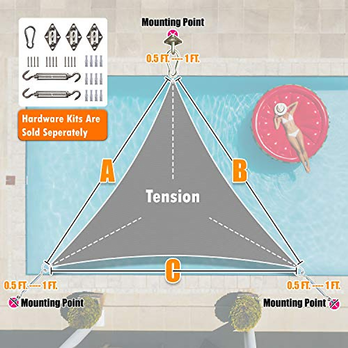 ShadeMart 20' x 20' x 28.3' Grey Right Triangle Sun Shade Sail smTAPRT20 Canopy smTAPRT20 Fabric Cloth Screen, Water Air Permeable & UV Block, Heavy Duty, Carport Patio Outdoor - (We Customize Size)