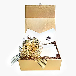 Gold Gift Box with Magnetic Flap 9.5x7x4’’ Inches, Pull Bow, Cards & Crinkle Cut Paper Included, For Wedding Presents, Bridesmaid Proposal Gifts, Engagements, Holidays, Birthday Party Favors, Graduations