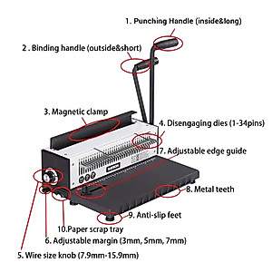 Rayson TD-1500B34 Binding Machine, Square Size Holes, 3:1 Pitch Wire-O Binder Punch 15 Sheets/Bind 130 Sheets with Sturdy Metal Construction