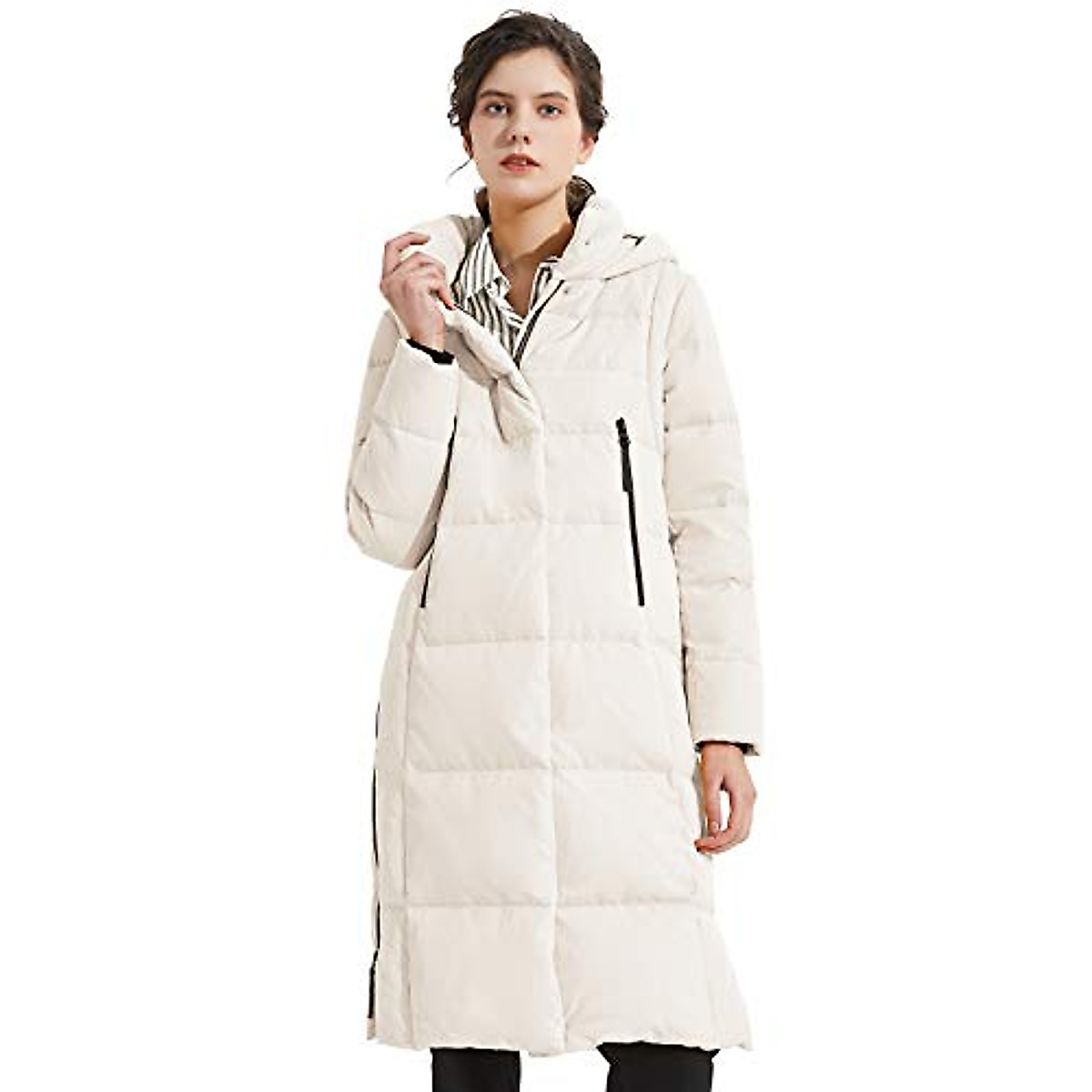 Orolay Women's Thickened Long Down Jacket Winter Down Coat Hooded Puffer Jacket with Side Zipper (White, Large)