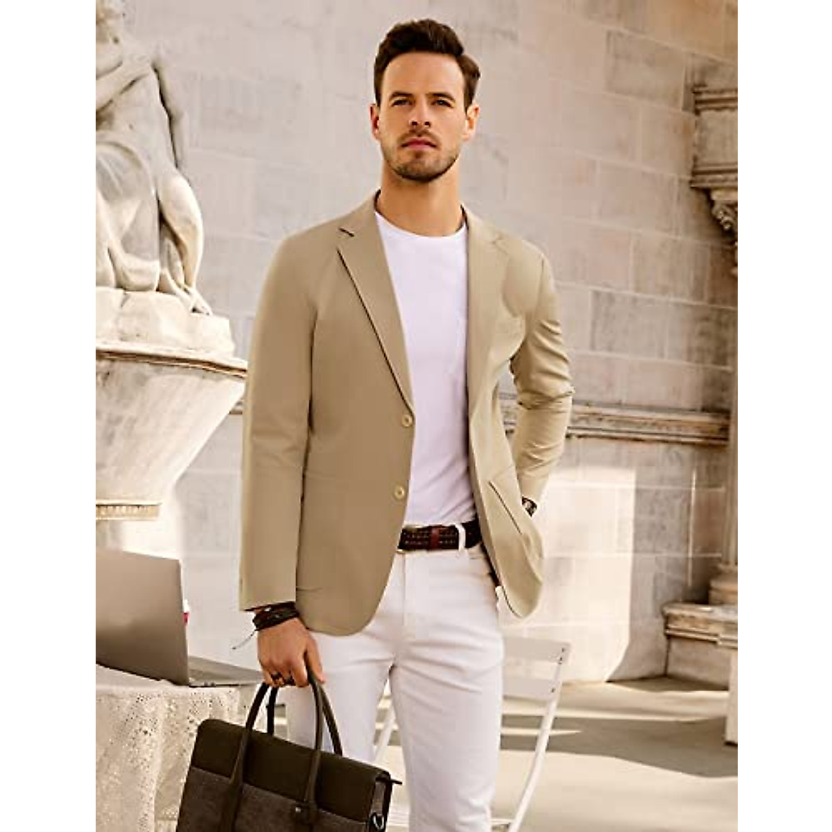 PJ PAUL JONES Men Casual Sport Coat Lightweight 2 Button Regular Fit Blazer Notch Collar Suit Jacket Stretch Performance Sportcoat Khaki