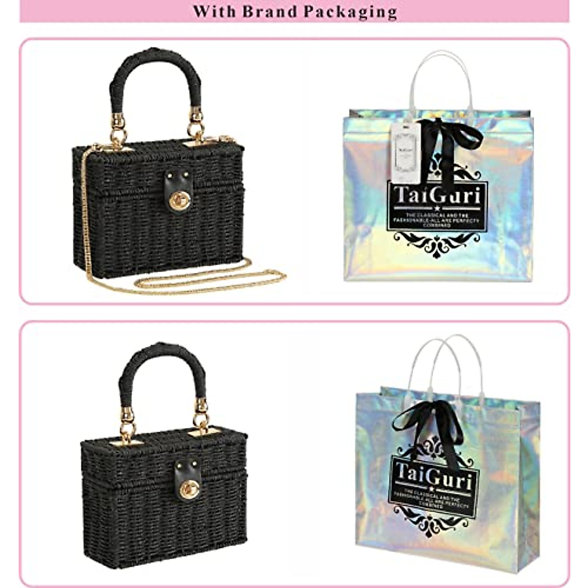 TaiGuri Women's Handmade Straw Rattan Woven Chain Purse Handbag Tote Shoulder Bag Black