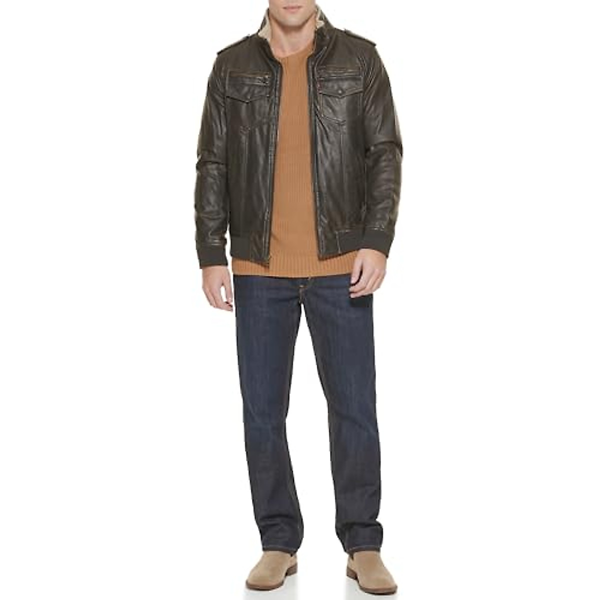Levi's Men's Faux Leather Aviator Bomber Jacket (Regular & Big & Tall Sizes), Dark Brown/Sherpa Lined, M