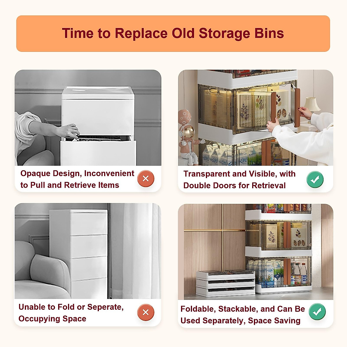 GAOPHDER Plastic Storage Bins with Lids 3-Tier Collapsible Clear Storage Bins with Wheels Stackable Closet Organizers Foldable Box Storage Containers for Home Office Trunk Outdoor (41QT, 3 Packs)