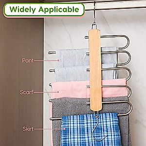 Unjumbly 2 Pack Magic Pants Hangers - Space Saving Hanging Closet Organizer for Trousers, Jeans, Leggings, Skirts, Scarves, Stainless Steel Wooden Hangers