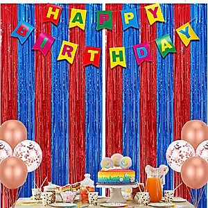 2 Pack Red and Blue Foil Fringe Curtains Photo Booth Prop Tinsel Streamer Backdrops Birthday Party Supplies Bachelorette Bridal Wedding Baby Shower Graduation Party Decorations, 3.3 x 6.6 ft