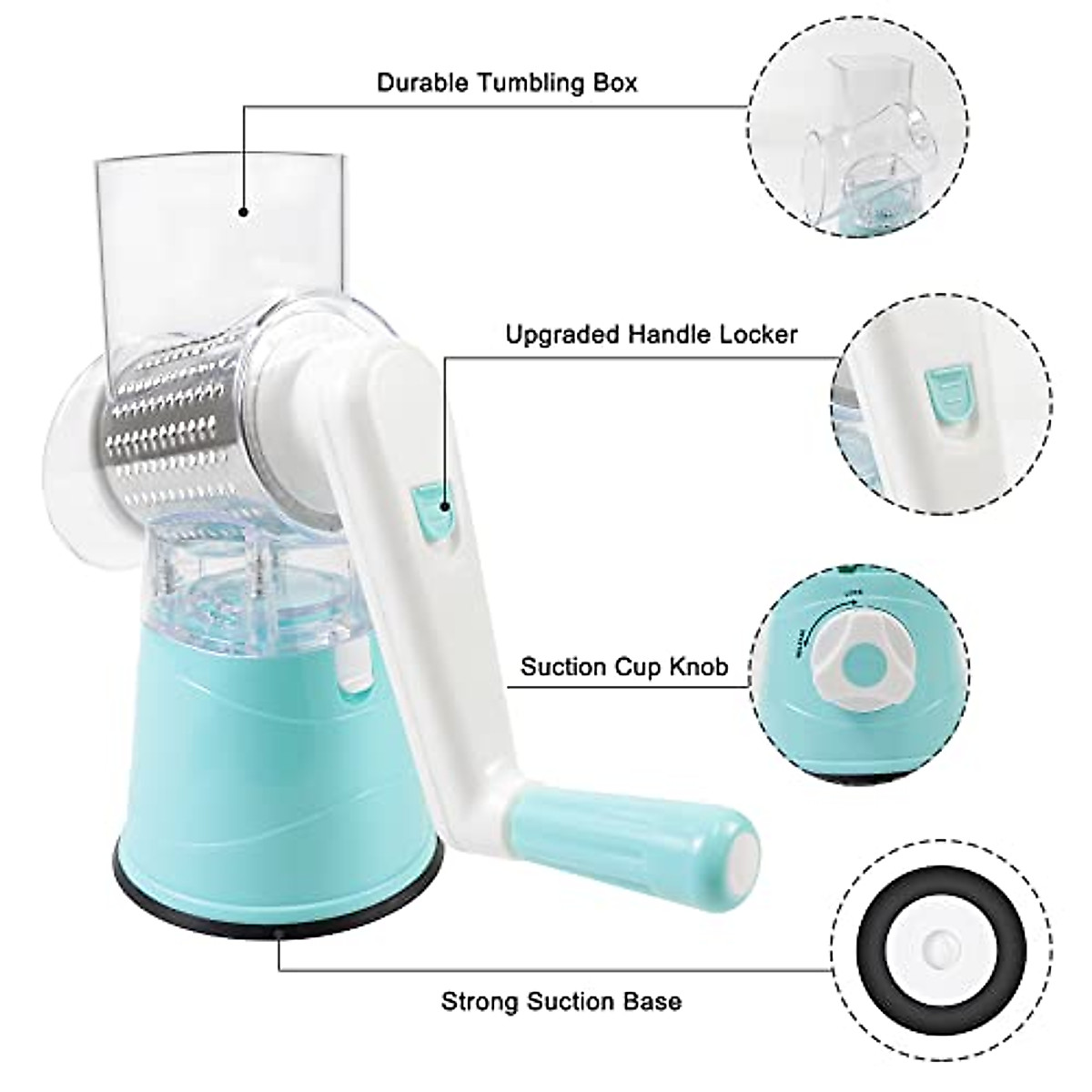 3rd Generation Rotary Cheese Grater, Mandoline Vegetable Slicer with 3 Replacement Blades, Easy to Clean Rotary Shredder for Fruit, Vegetables