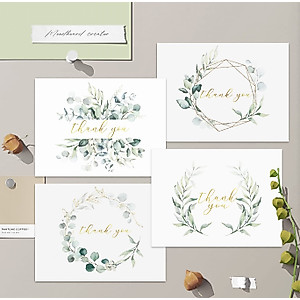 AMNADOF 100 Eucalyptus Gold Foil Thank You Cards Bulk -- Blank Note Cards with Greenery Envelopes – Include Stickers, Perfect for Wedding,Baby Shower, Bridal Shower and All Occasions