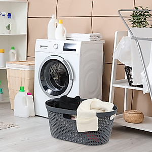 Sandmovie 4 Packs Plastic Laundry Baskets, Large Dirty Clothes Hampers with Cutout Handles, Grey, 42 L