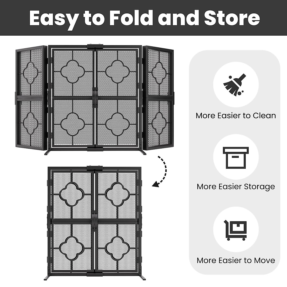 Amagabeli 48 x 28 Inch Fireplace Screen with Doors 3 Panel Foldable Wrought Iron Furnace Fireguards Fireplace Cover Free Standing Large Screen for Fireplace Wood Burning Metal Mesh Fire Spark (Black)