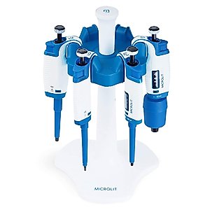 MICROLIT - Complete Starter Kit, Pipettes with 0.5-10ul, 10-100ul, 100-1000ul and 1-10ml Liquid Capacity, 4-Piece Set of Pipettes with a Carousel Stand and Compatible Micropipette Tips