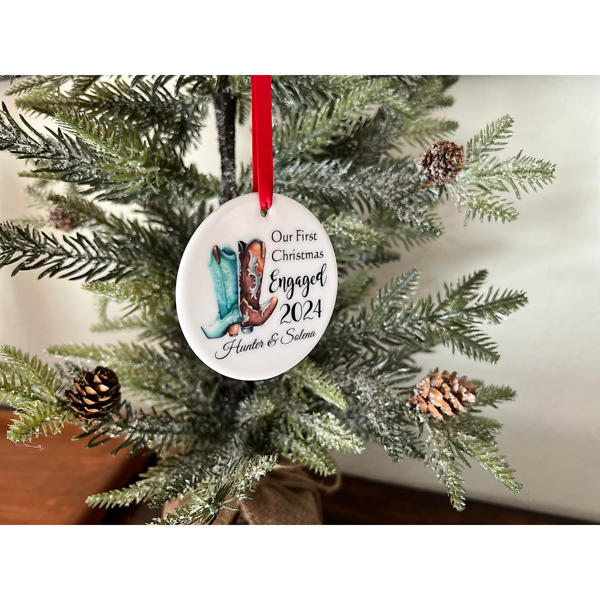 Engagement Ornament 2024, Our First Christmas Engaged, Personalized Tree Decoration, Western Couple Gift (Personalized)