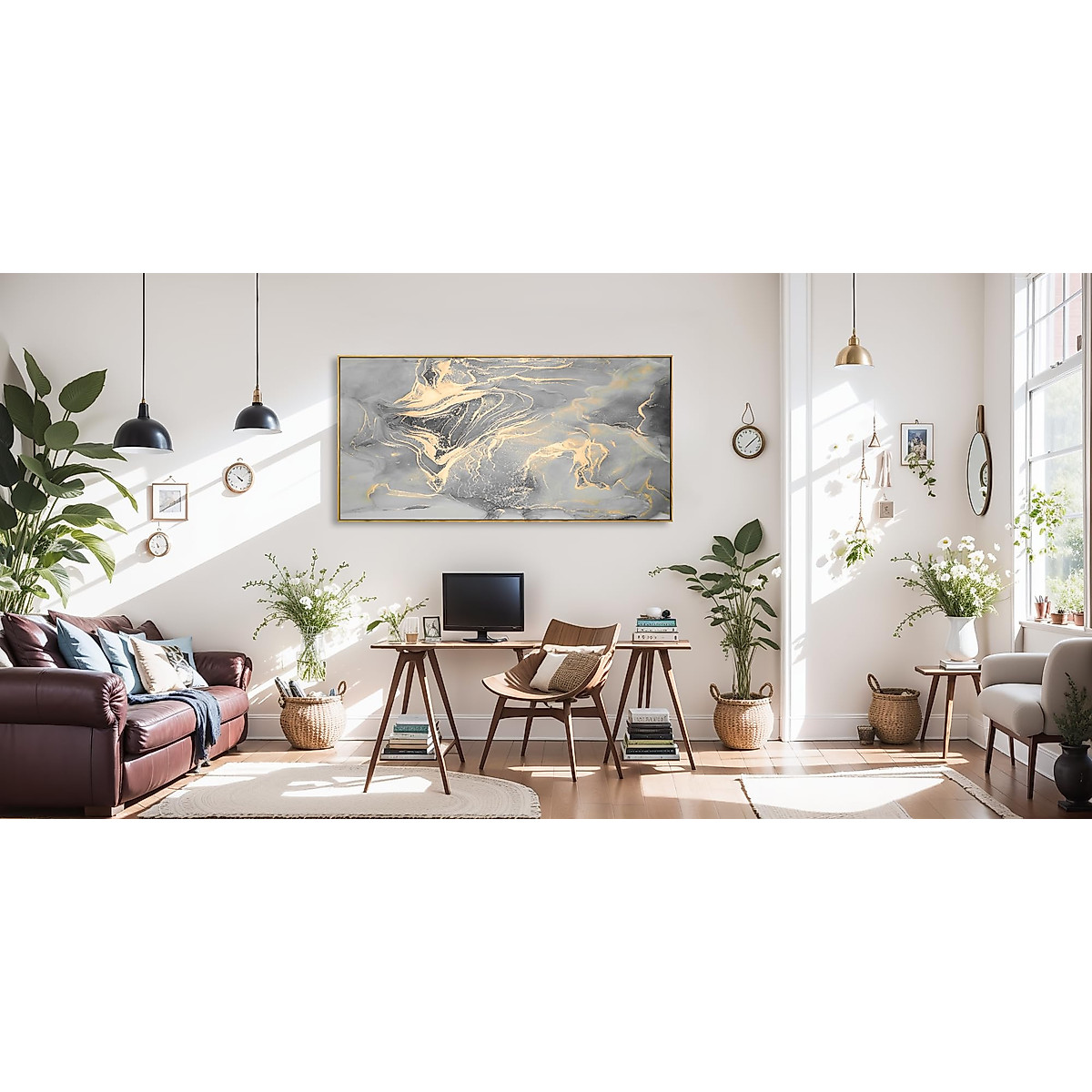 Wall Art Abstract Canvas Painting Gray Wall Decor Fluid Ink Modern Artwork for Living Room Bedroom Dining Room Home Office Decor 20"x40" with Framed