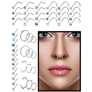 SCERRING 48PCS 22 Gauge Nose Rings Hoop Stainless Steel Bone L Shaped Screw 2mm Opal CZ Nose Studs Cartilage Daith Tragus Ear Piercing Ring Hoop Body Jewelry Set
