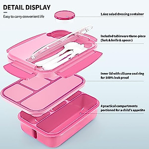 Bento Box, Lunch Box Kids, Bento Lunch Box for Kids/Toddler/Adults, 1300ML-4 Compartment Bento Box Adult Lunch Box w/Food Picks Cake Cups, Built-in Utensil Set, Leak-Proof, Food-Safe Materials(Pink)