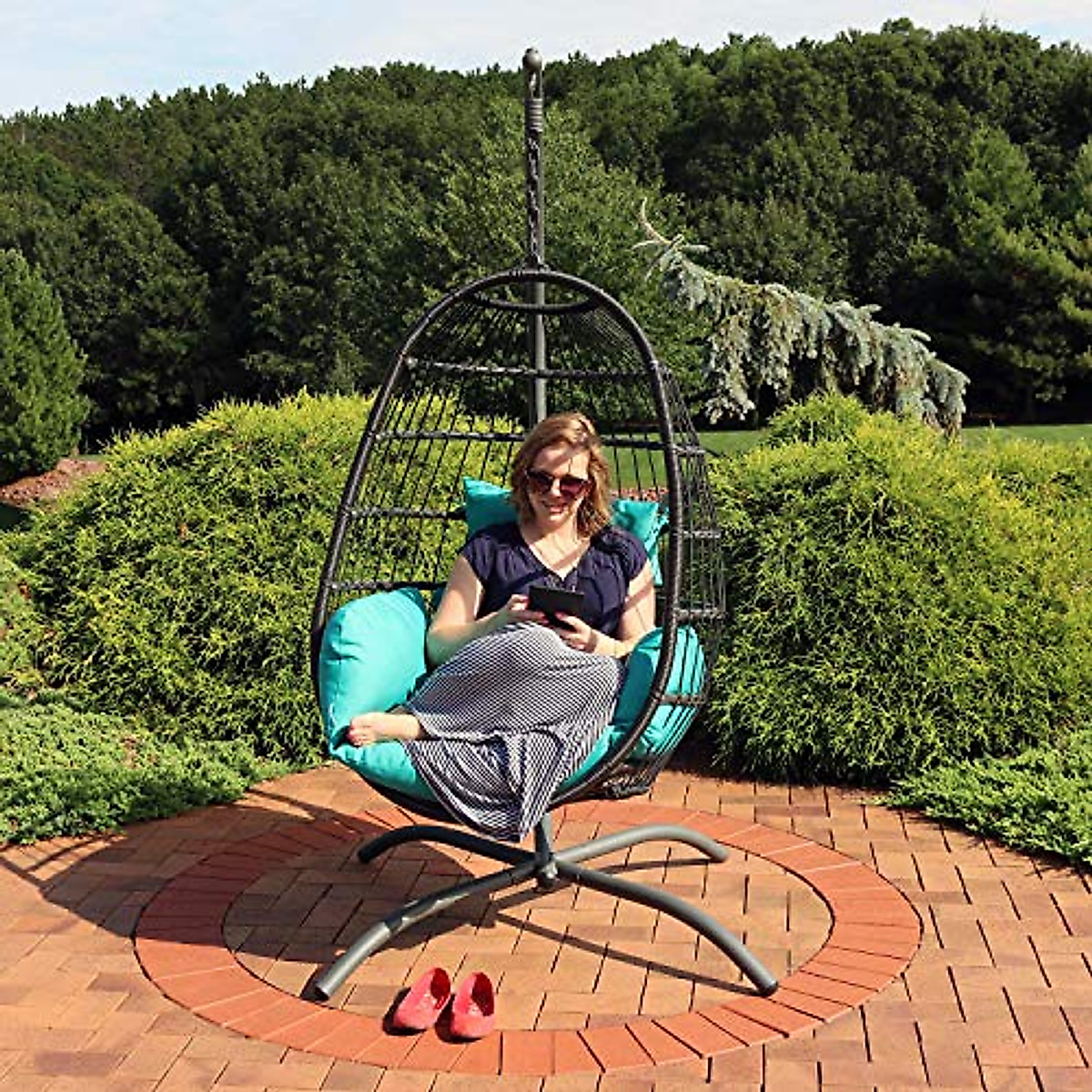 Sunnydaze Penelope Hanging Egg Chair with Seat Cushions and Stand - Black Hanging Wicker Chair with Turquoise Polyester Cushions and Powder-Coated Steel Stand - Collapsible Nylon Back Design - 78-Inch