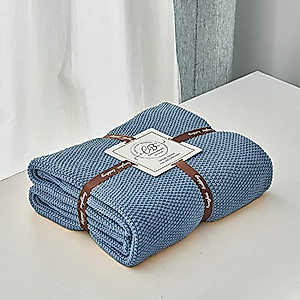 Queenshin 100% Cotton Cozy Cable Knit Throw, Lightweight Fluffy Snuggle Bed Sofa Decorative Knitted Blanket 50 * 60 Inch, Blue