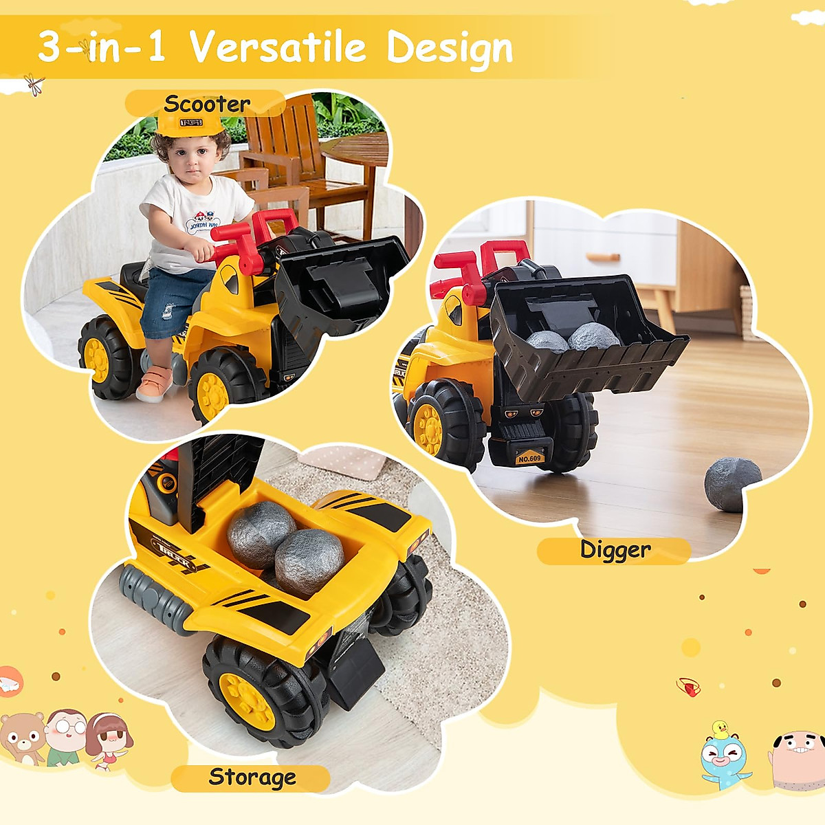 Costzon Ride on Excavator, Ride on Construction Vehicles w/Helmet, 3 Toy Stones, Realistic Sound, Adjustable Bucket & Under Seat Storage, Bulldozer Ride on Toy Gift for Kids Boys & Girls